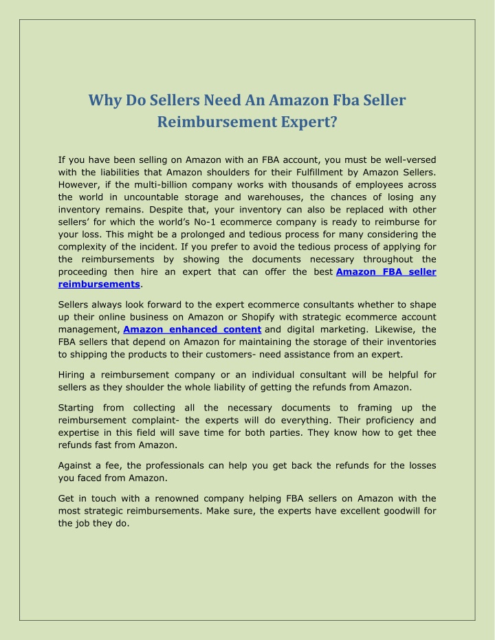 PPT - Why Do Sellers Need An Amazon Fba Seller Reimbursement Expert ... PPT - Why Do Sellers Need An Amazon Fba Seller Reimbursement Expert ...