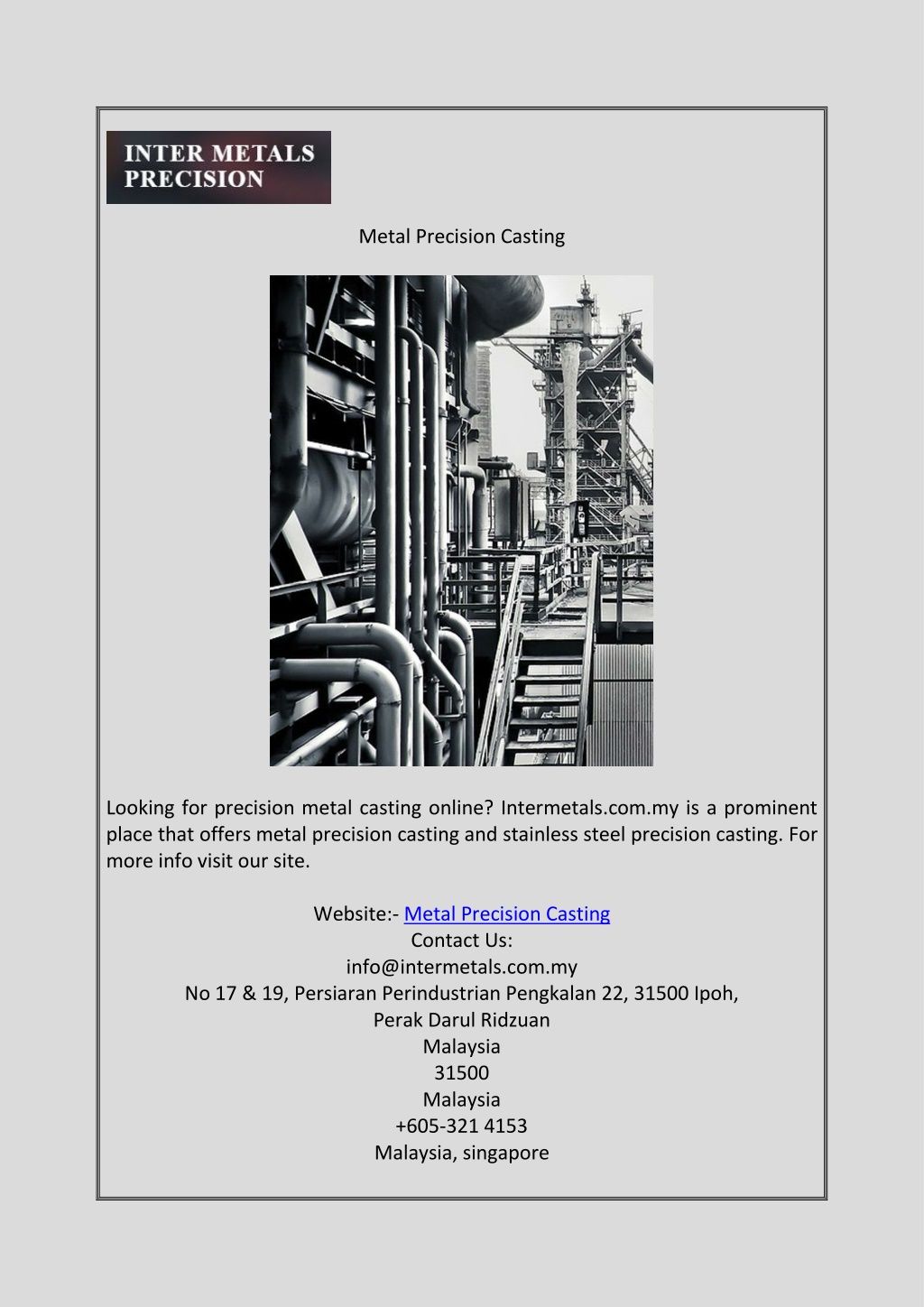 PPT - Metal Precision Casting | Intermetals.com.my PowerPoint Presentation - ID:11495360