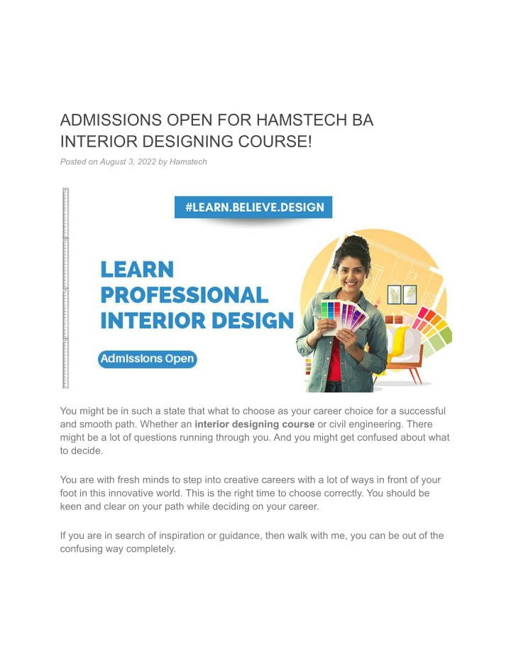 PPT - ADMISSIONS OPEN FOR HAMSTECH BA INTERIOR DESIGNING COURSE ...