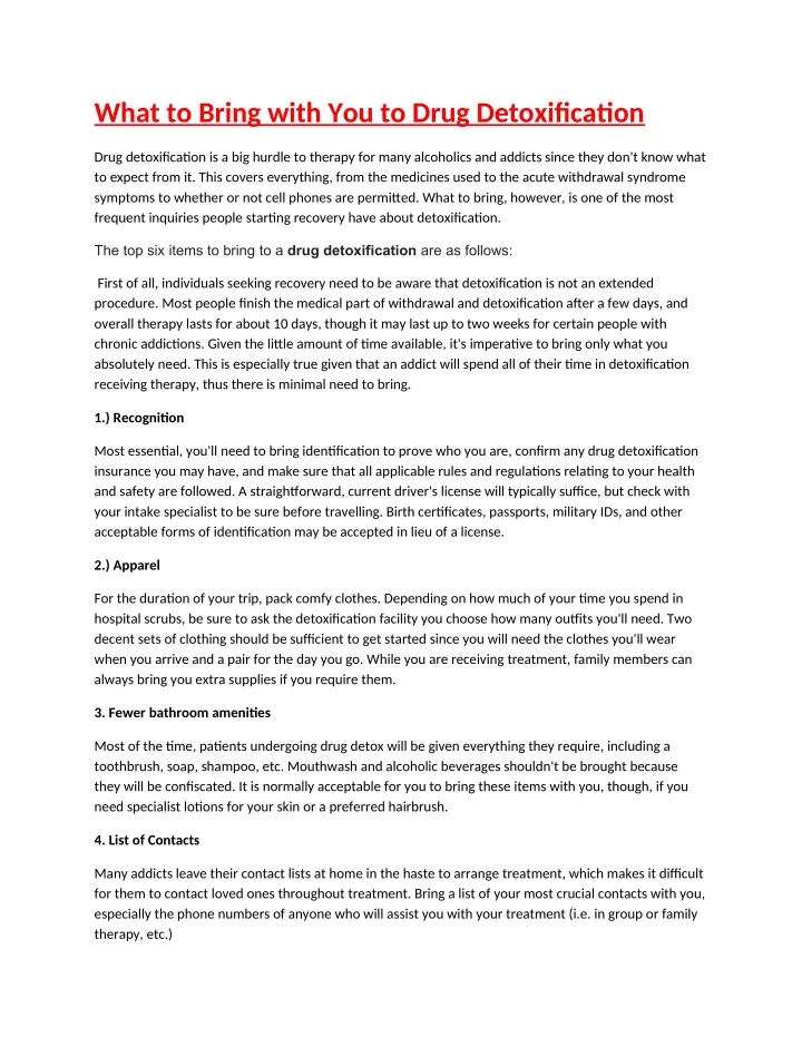 Ppt What To Bring With You To Drug Detox Powerpoint Presentation