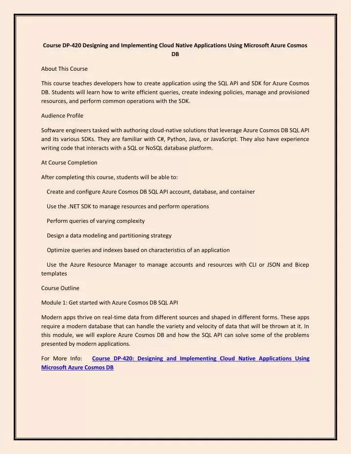 Ppt Course Dp 420 Designing And Implementing Cloud Native Applications Using Microsoft Azure