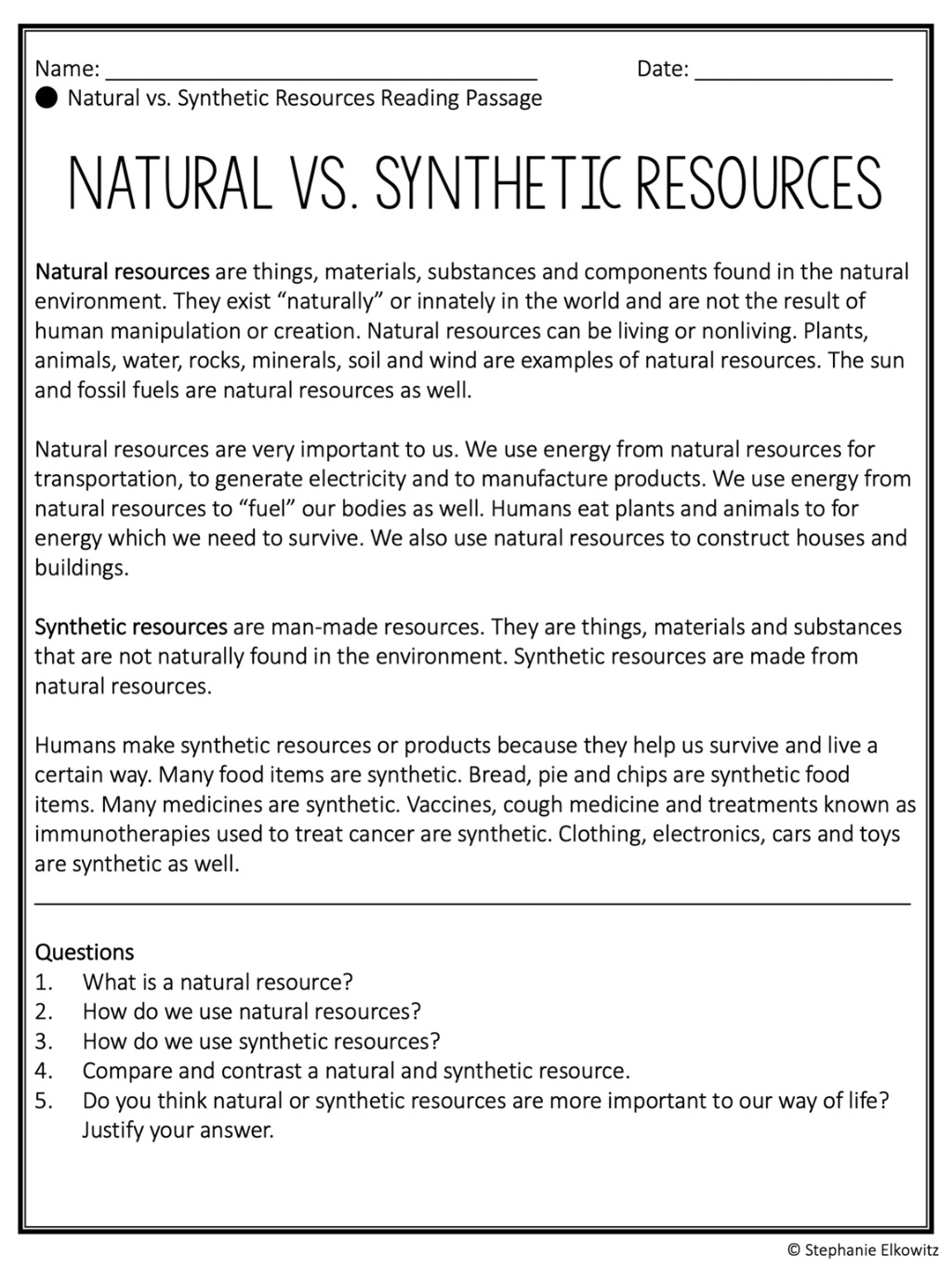 PPT - Natural vs Synthetic Resources Reading Passage Fillable Slide Q2 ...