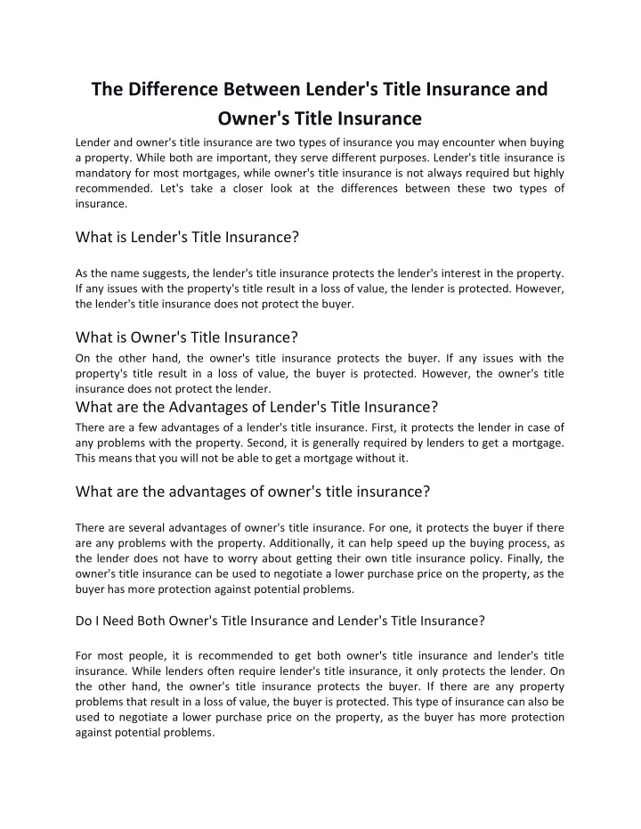 PPT - The Difference Between Lender's Title Insurance and Owner's Title ...