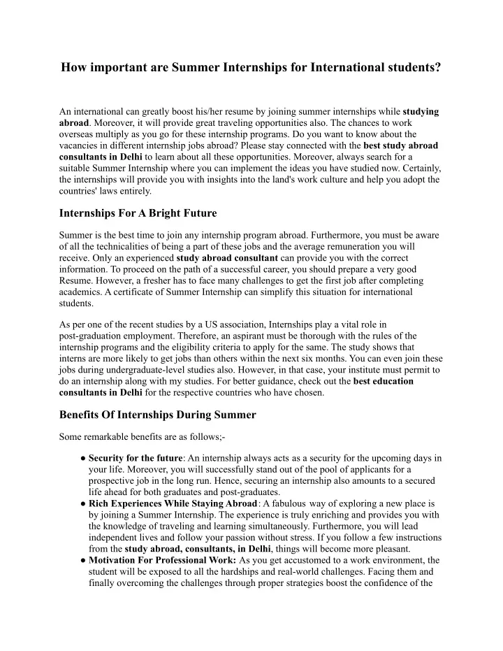 PPT - How important are Summer Internships for International students? PowerPoint Presentation ...