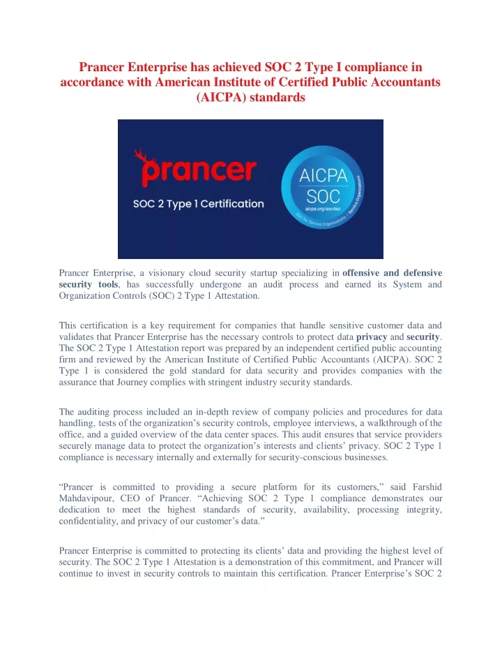 PPT - Prancer Enterprise has achieved SOC 2 Type I compliance in ...