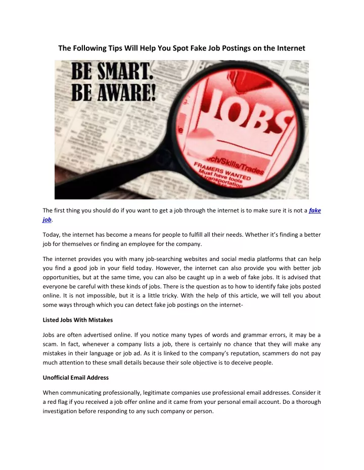 PPT - The Following Tips Will Help You Spot Fake Job Postings on the ... PPT - The Following Tips Will Help You Spot Fake Job Postings on the ...