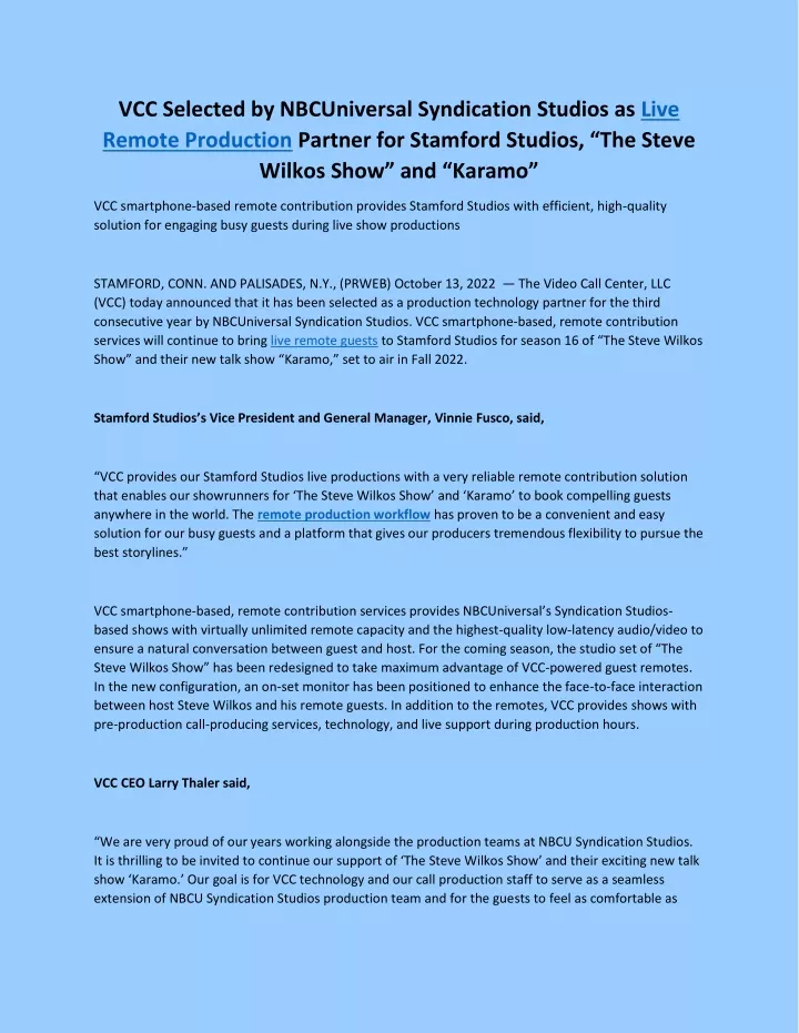 PPT - VCC Selected by NBCUniversal Syndication Studios as Live Remote ...