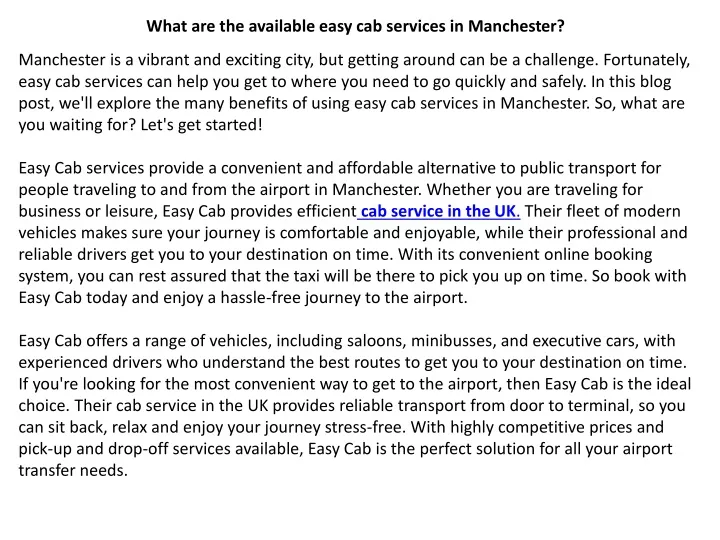 PPT - What are the available easy cab services in Manchester ...