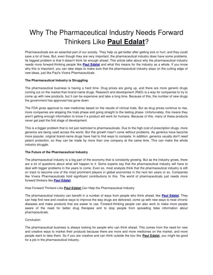 PPT - Why The Pharmaceutical Industry Needs Forward Thinkers Like Paul ...
