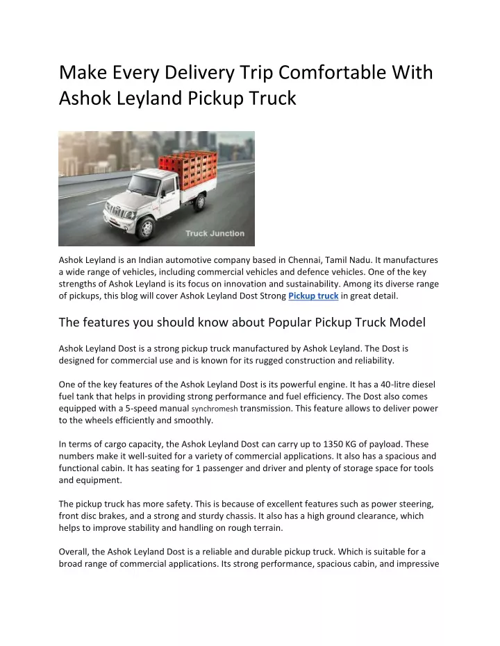 PPT - Make Every Delivery Trip Comfortable With Ashok Leyland Pickup ...