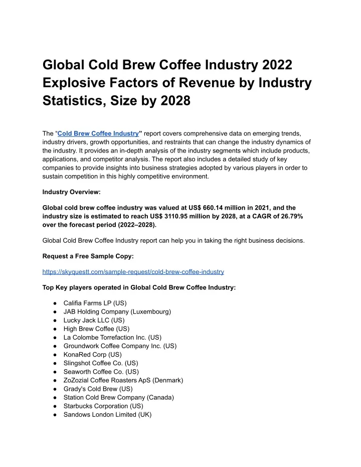 PPT - Global Cold Brew Coffee Industry 2022 Explosive Factors of Revenue by Industry ...