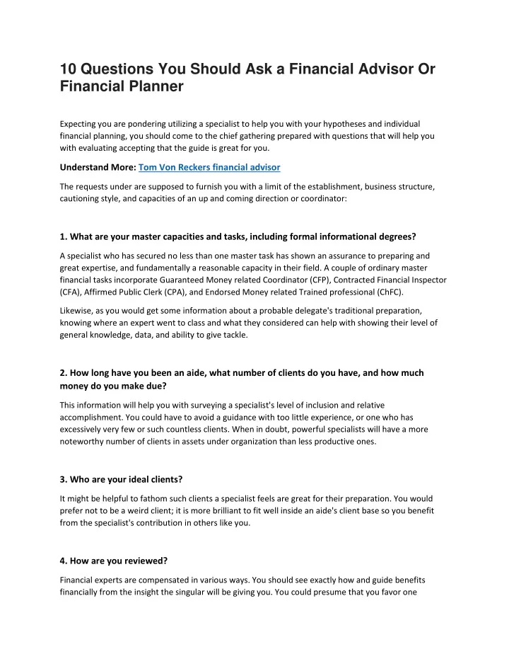 Ppt 10 Questions You Should Ask A Financial Advisor Or Financial