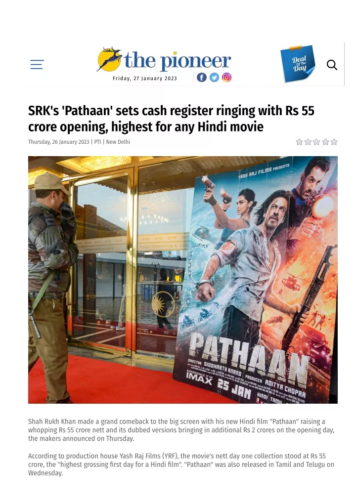 PPT - SRK's 'Pathaan' sets cash register ringing with Rs 55 crore ...