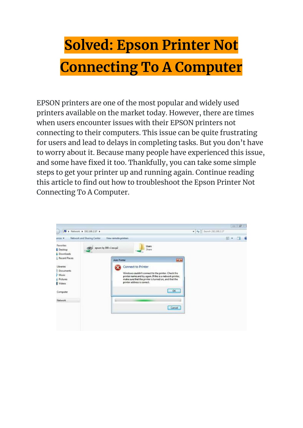 PPT - Epson Printer Not Connecting To A Computer - Solved PowerPoint ...
