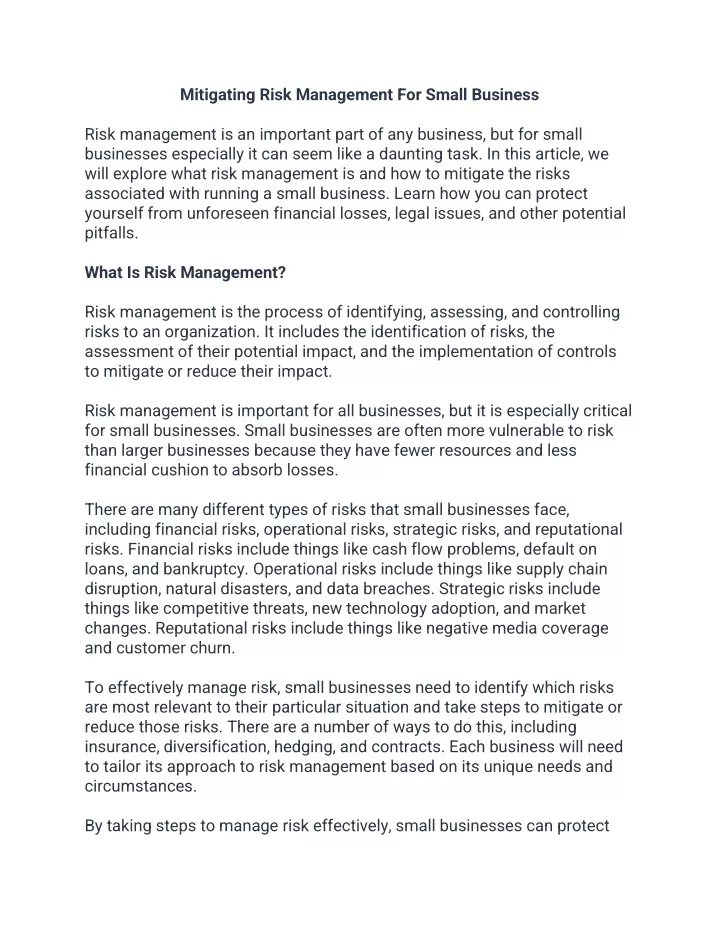 Ppt Mitigating Risk Management For Small Business 1 Powerpoint