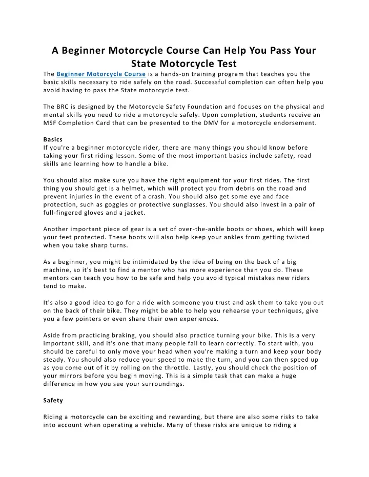 PPT - A Beginner Motorcycle Course Can Help You Pass Your State ...