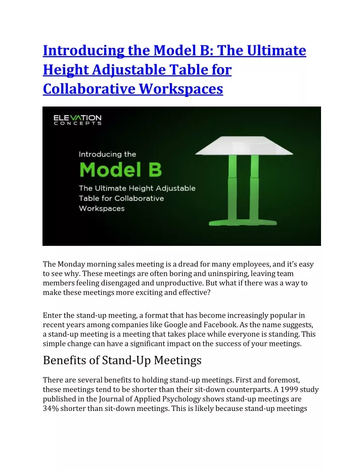 PPT - Introducing the Model B The Ultimate Height Adjustable Table for Collaborative Workspaces ...