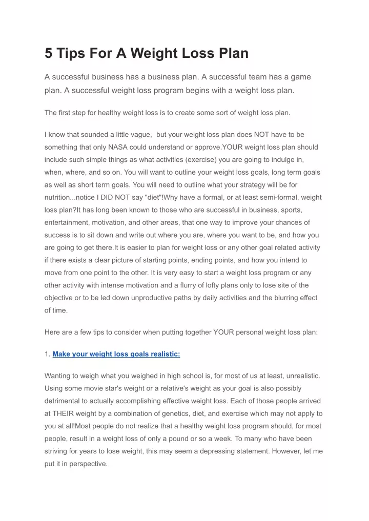PPT - 5 Tips For A Weight Loss Plan PowerPoint Presentation, free ...
